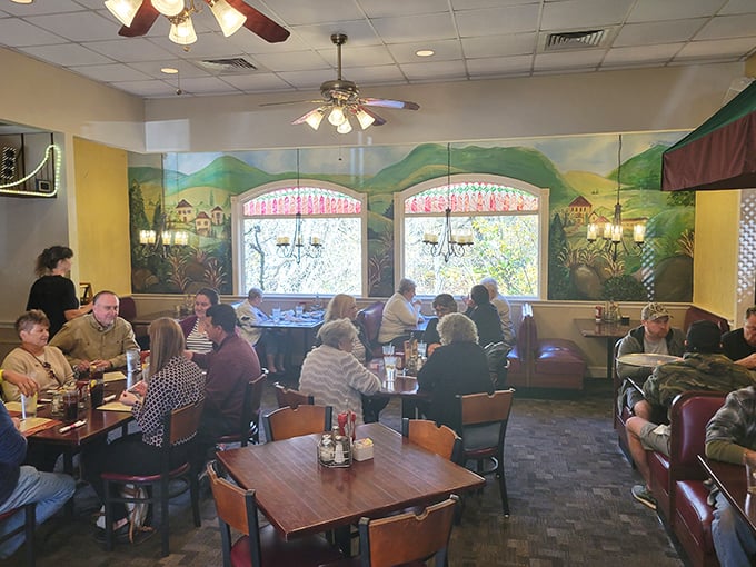 The dining room buzzes with the universal language of good food—forks diving, heads nodding, and the occasional "you've got to try this."