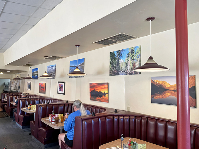 Local landscapes adorn the walls, reminding diners they're in one of California's most spectacular regions—even while focused on their next delicious bite.
