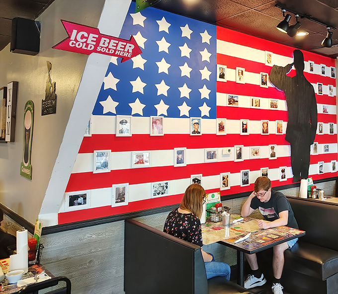 Diners: That magnificent American flag wall isn't just patriotic décor—it's a community photo album where locals have added their own memories to the stars and stripes.
