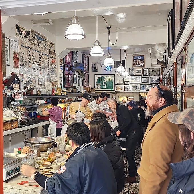 The happiest traffic jam in San Francisco – hungry patrons packed shoulder-to-shoulder, united in pursuit of oceanic delights.
