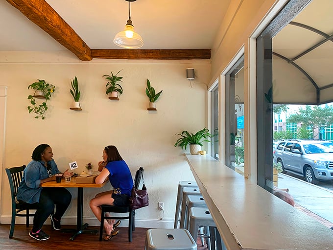 Two friends sharing coffee and conversation—the universal language of bakeries everywhere. Those wall-mounted plants are silently photosynthesizing all the gossip.