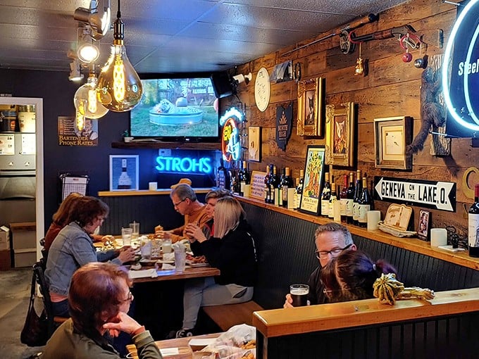 Where locals gather to share stories and fries with equal enthusiasm. That wooden wall isn't decoration—it's a timeline of Conneaut memories.