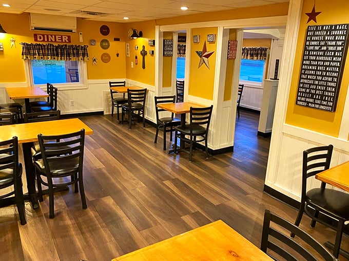 Sunshine-yellow walls and wooden tables create the perfect backdrop for making memories over meatloaf. Every small town deserves a gathering place this inviting.
