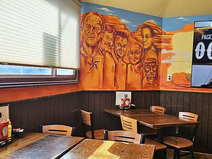 Western-inspired art transforms dining into an experience. This Mount Rushmore-style mural gives new meaning to "dinner with presidents."