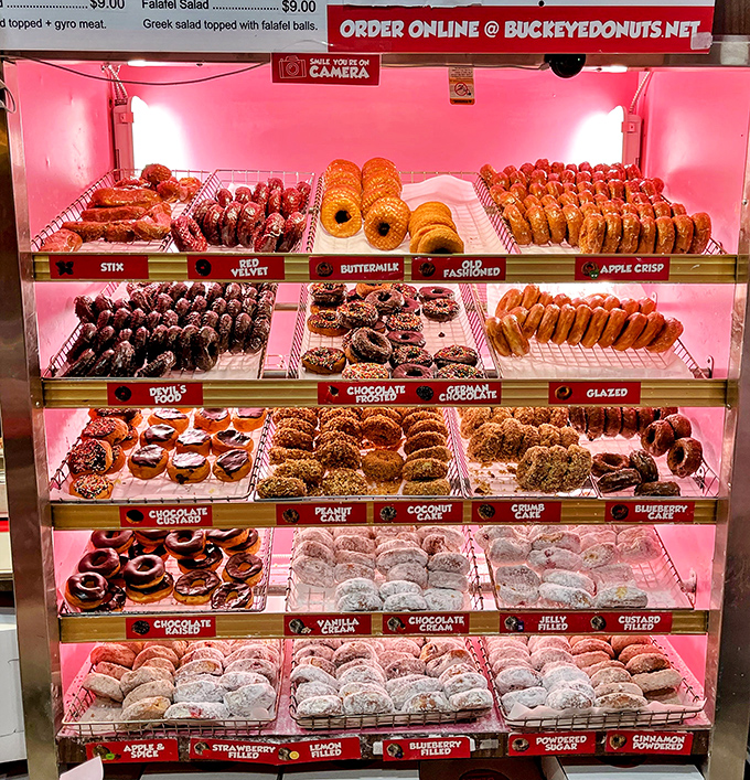 The donut display case—nature's most perfect color spectrum, from chocolate-glazed darkness to powdered-sugar brightness.
