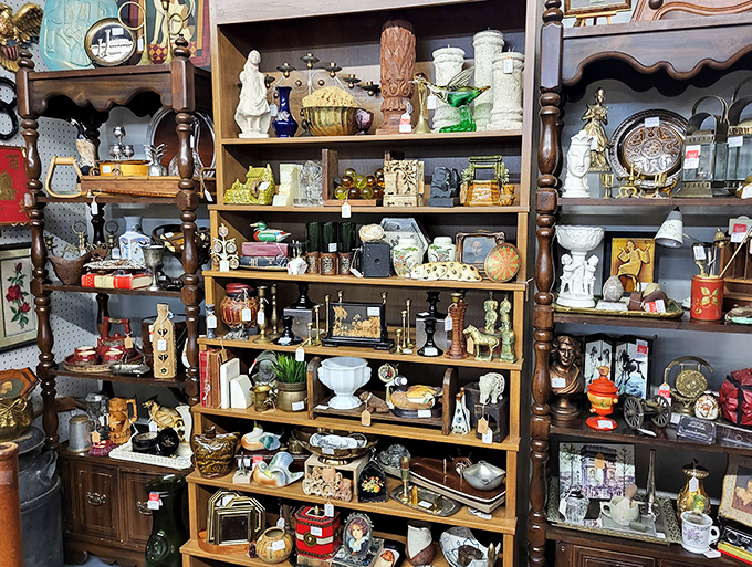 Shelves overflow with ceramic treasures that once graced grandmother's finest holiday table settings.
