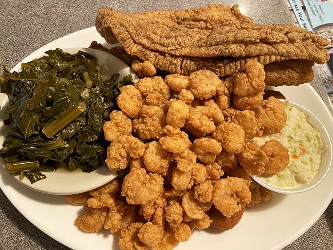 Fried fish and collards with a mountain of golden shrimp—a plate that says "Welcome to South Carolina" better than any roadside sign ever could.
