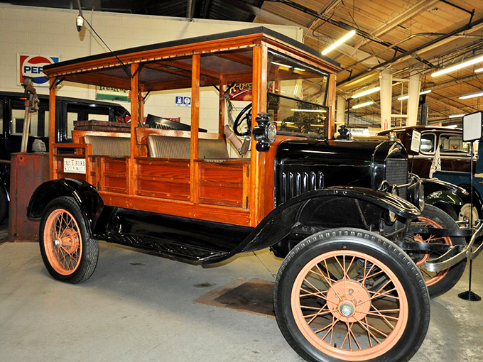 Ford's Model T with wooden wagon body – when road trips required actual survival skills and patience.