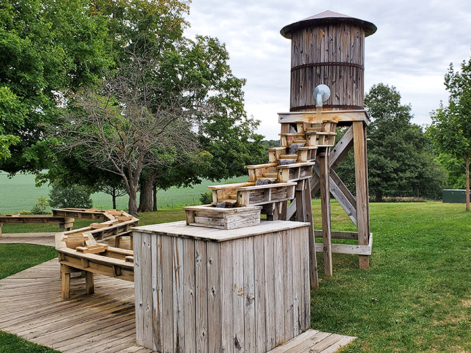 Old-fashioned fun meets geological education in this charming water feature. Panning for treasures like it's 1849 with modern comforts.
