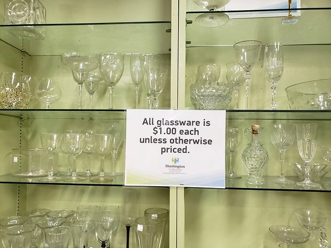 Crystal and glassware at $1 each—because adulting means drinking your boxed wine from something with genuine vintage charm.
