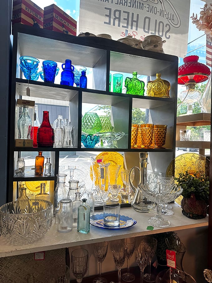 Sunlight dancing through colored glass creates a kaleidoscope effect that no Instagram filter could ever replicate. Depression glass never looked so cheerful!