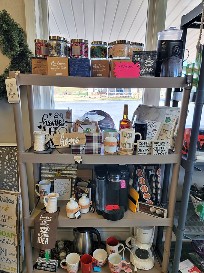 Coffee lovers' corner! These mugs and makers promise caffeinated bliss while inspirational signs remind you that both coffee and Jesus can get you through the day.