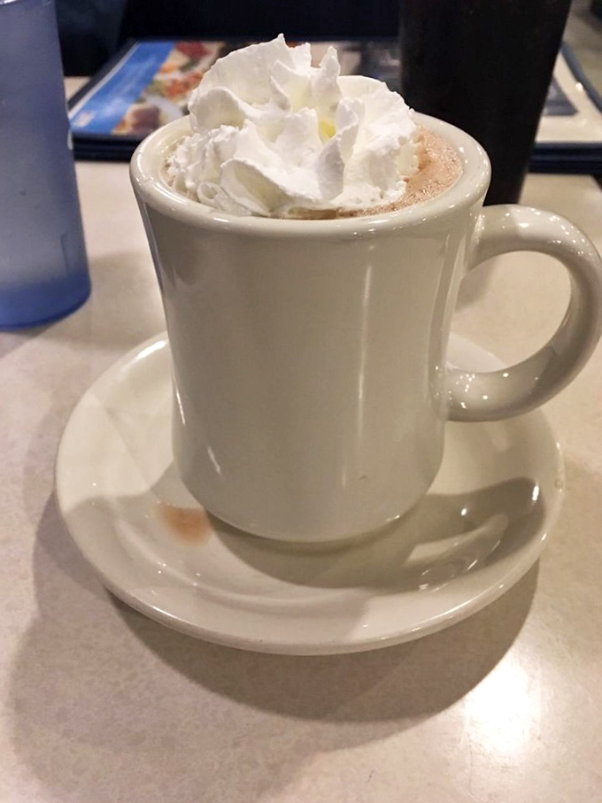 Hot chocolate topped with a cloud of whipped cream—childhood comfort in adult-sized portions.