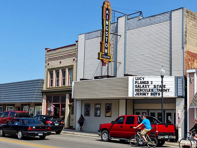 The Kingston Theatre's vintage marquee promises entertainment the old-fashioned way—without subscription fees or buffering issues.