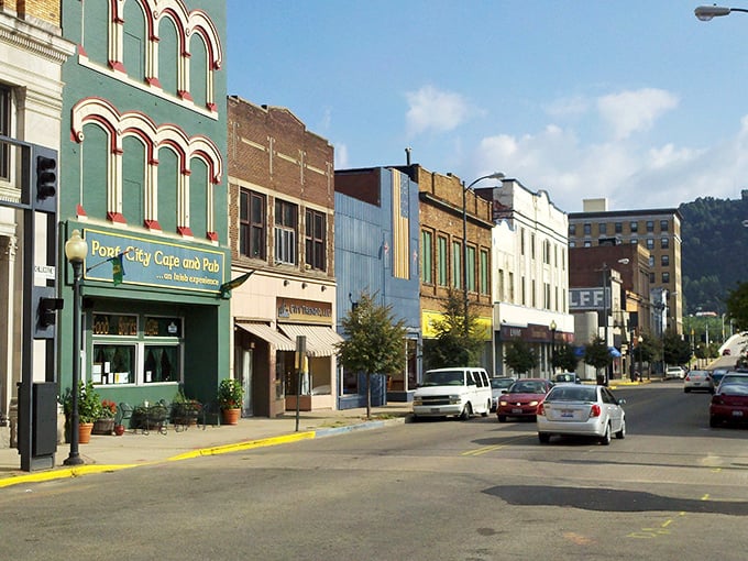 Main Street bustles with revitalized storefronts where Port City Cafe and Pub promises home-cooked meals amid the architectural eye candy.