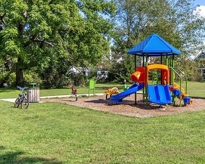 Childhood laughter echoes around this colorful playground—where screen time surrenders to sunshine and imagination still reigns supreme.
