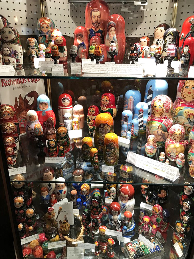 Russian nesting dolls in every imaginable design fill this display case – from traditional babushkas to surprising pop culture interpretations.