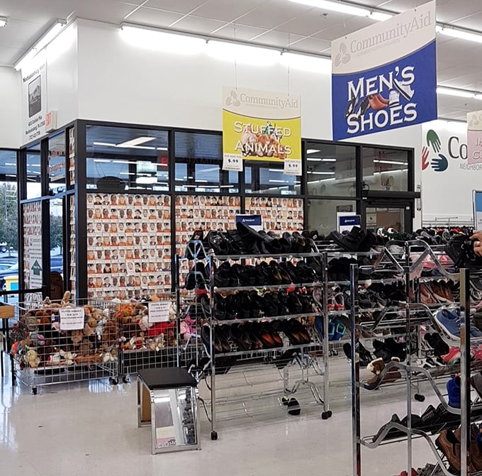 Footwear fantasyland! From barely-worn loafers to hiking boots with adventures left in them, the shoe section is a podiatrist's playground.