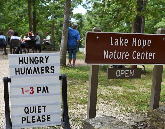 "Hungry Hummers" event sign at Lake Hope Nature Center—where even the tiniest visitors receive five-star treatment and humans learn to keep it down.