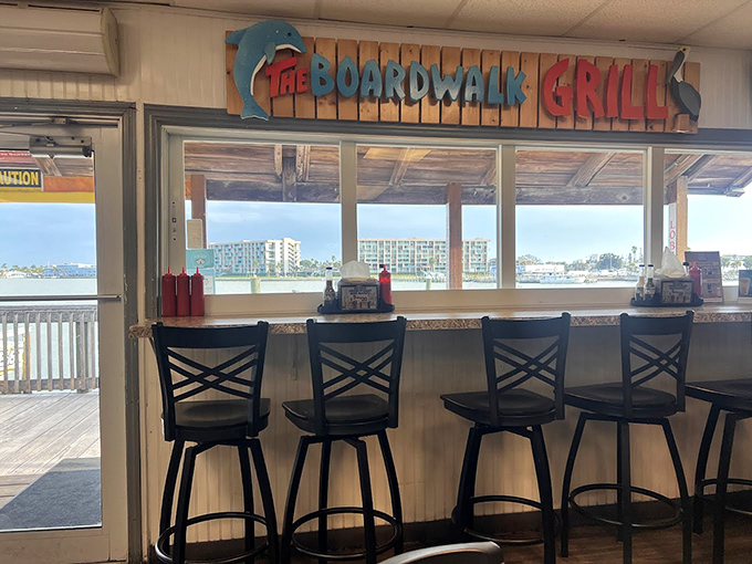 Counter seating with a water view – where breakfast becomes theater and the Gulf of Mexico serves as your dining companion.