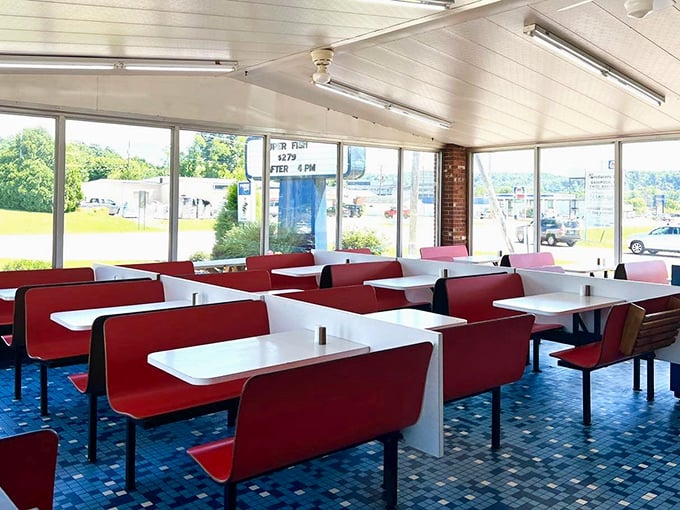 Morning light streams through windows, illuminating empty tables that won't stay that way for long. The calm before the lunchtime storm.