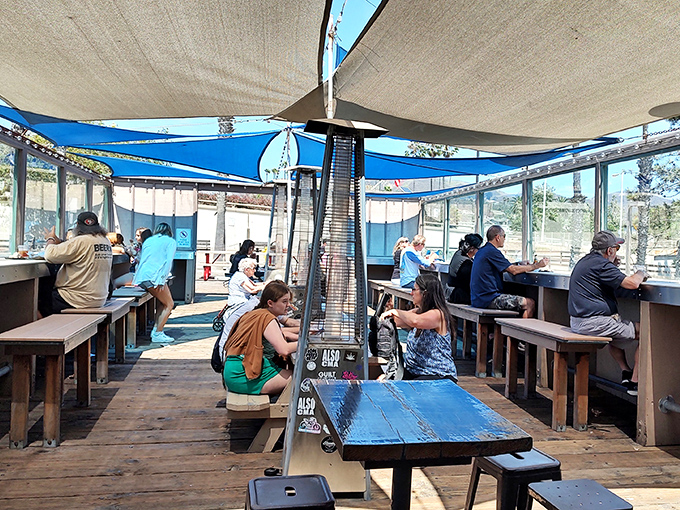 Community tables under blue sail shades—where strangers become friends over shared taco appreciation and ocean breezes.