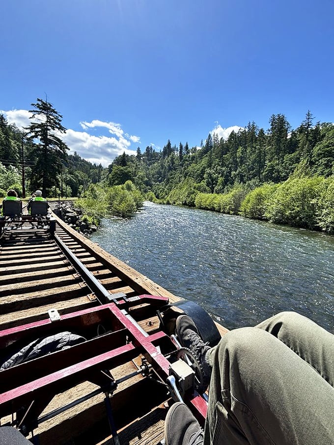 The railroad offers front-row seats to nature's greatest show: crystalline rivers carving through verdant forests under Oregon's impossibly blue skies.