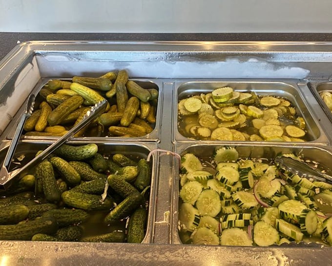 The pickle bar – a briny wonderland where cucumbers go to fulfill their destiny. These aren't just condiments; they're supporting characters in your meal's story.