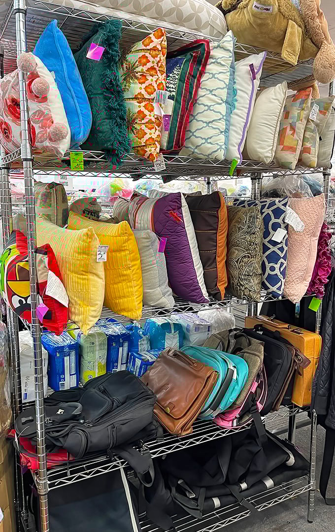 The pillow section—a textile rainbow where your couch's perfect accent piece hides between someone else's former decorating decisions.