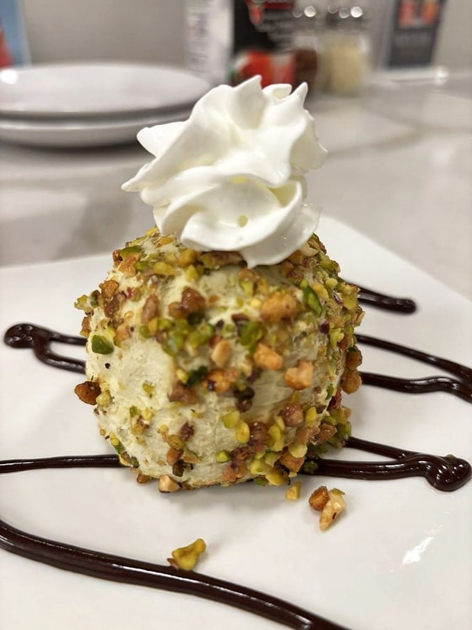 Pistachio truffle gelato that doesn't just end your meal—it provides closure, therapy, and a moment of pure bliss all in one creamy, nutty package.