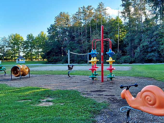 Childhood joy engineered in primary colors – this playground's whimsical designs prove fun doesn't need complicated technology or smartphone connectivity.