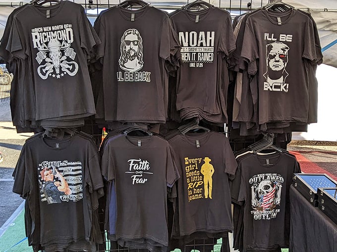 T-shirts that speak louder than words—desert humor, faith, and pop culture references all fighting for your torso's attention.