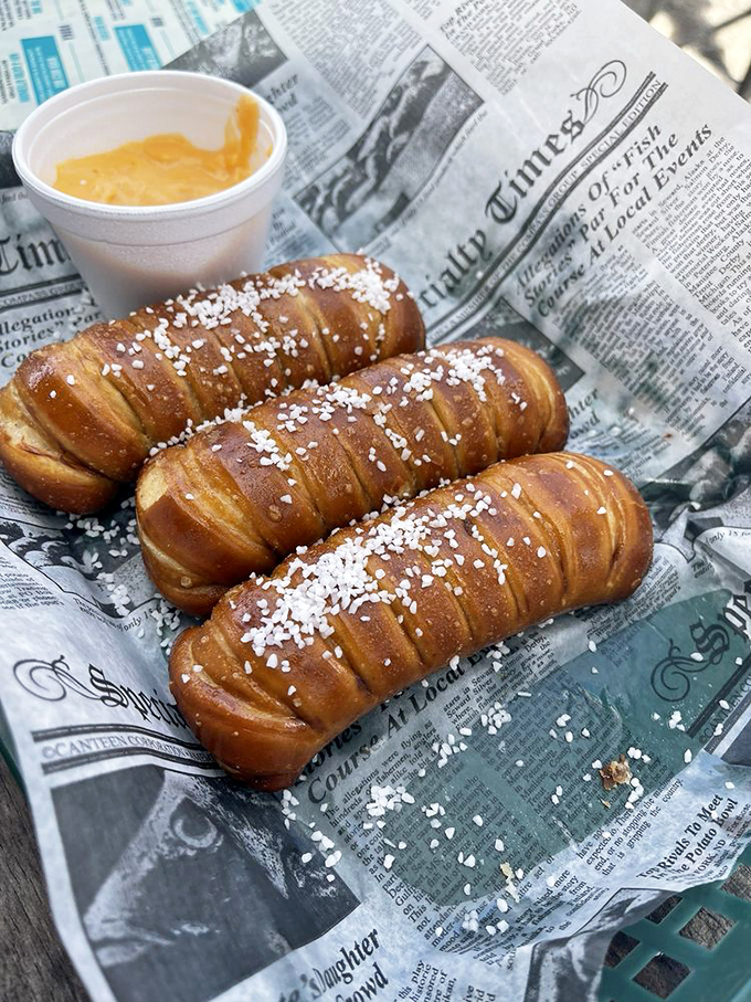 Pub pretzels that have clearly been working out—buff, bronzed, and ready to dive into that cheese sauce without a second thought.