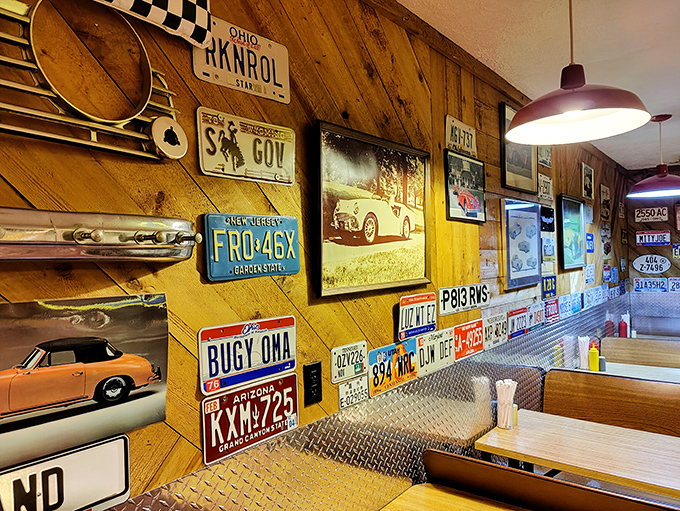 License plates aren't just for cars at Milk and Honey—they're wall art telling stories of roads traveled and sundaes savored along the way.