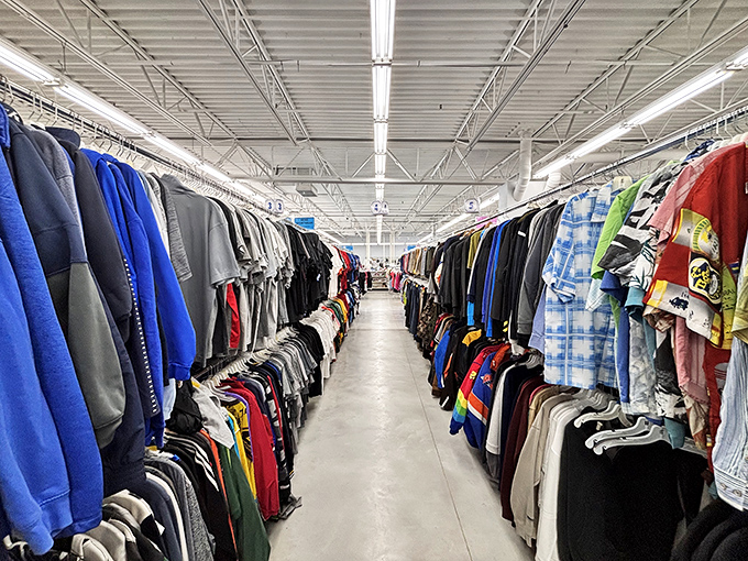 The men's shirt aisle stretches into infinity. A kaleidoscope of colors and patterns where yesterday's fashion becomes tomorrow's statement piece.