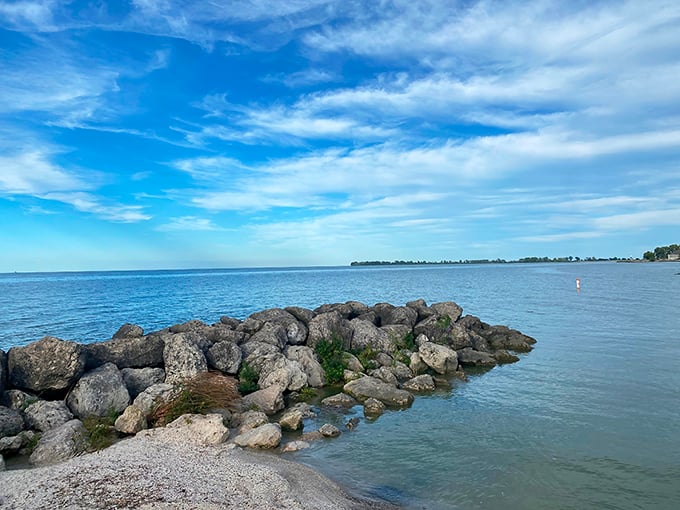 Nature's breakwater creates a perfect cove where Lake Erie's waves are gentled from "washing machine" to "relaxing bath"—ideal for cautious swimmers and serious sandcastle architects. 