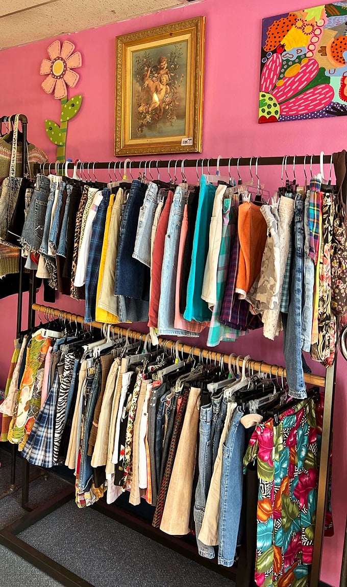 Denim dreams and colorful bottoms stacked with precision. The perfect shorts are hiding somewhere in this textile treasure trove.