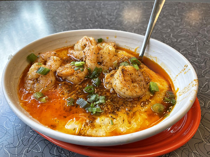 These shrimp and grits tell a spicy Southern story with a Pittsburgh accent – creamy, saucy, and ready for their close-up.