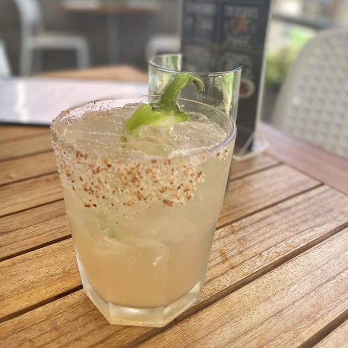 A spicy margarita with that Old Bay rim—because in Maryland, even your cocktail gets a seafood seasoning makeover.