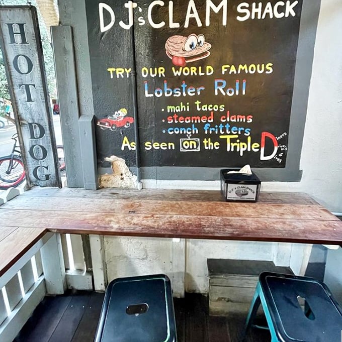 The "Hot Dog" sign might be the biggest fib in Key West. This rustic table has clearly witnessed countless seafood celebrations.