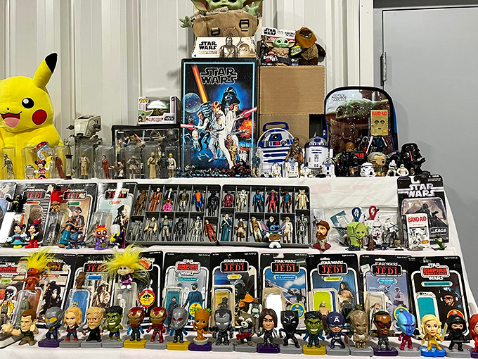 Star Wars figures stand at attention alongside Pikachu—a plastic army of nostalgia. Collectors examine each piece like archaeologists discovering ancient artifacts.