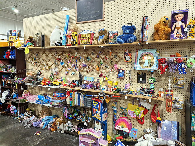 Childhood memories line these shelves—from Care Bears to vintage board games—each toy a time machine waiting to transport you back to Saturday mornings past.