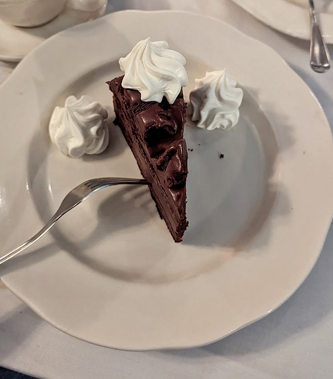 Triple chocolate cake that doesn't just satisfy your sweet tooth – it throws a party for it. Those whipped cream dollops are the backup dancers.