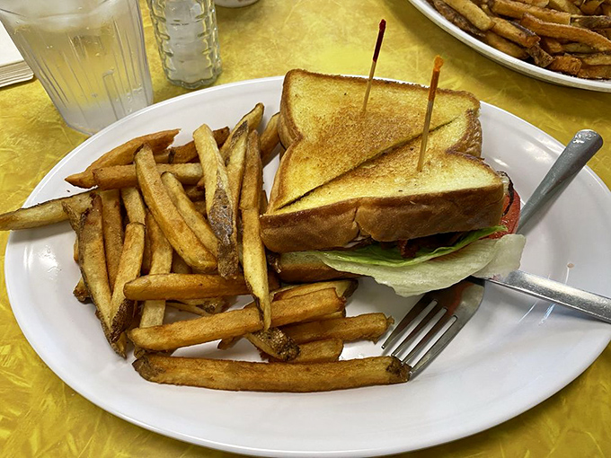 This isn't just a sandwich—it's comfort on a plate. Those hand-cut fries aren't sides, they're co-stars in this lunchtime production. 