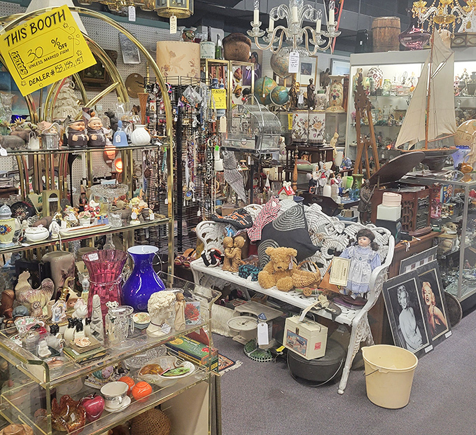 Dolls, glassware, and memories for sale—each shelf a different chapter in America's collective attic of "I remember when..."