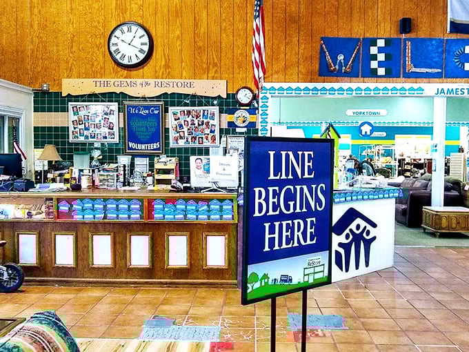 "Line Begins Here" announces the checkout area, where treasures and their new owners prepare for their happily-ever-afters.
