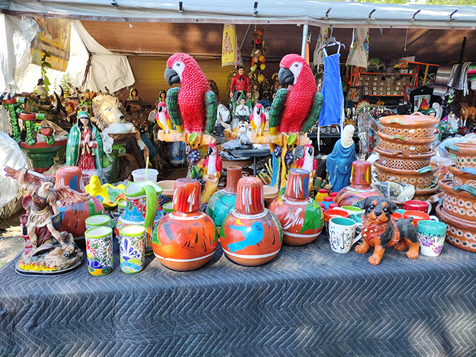The United Nations of kitsch—where ceramic parrots and pottery coexist in a delightfully bizarre display of cross-cultural decor diplomacy.