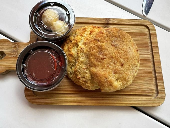 This isn't just a biscuit—it's a buttery cloud of happiness. Served with house-made jam and butter, it's the South's answer to croissants.
