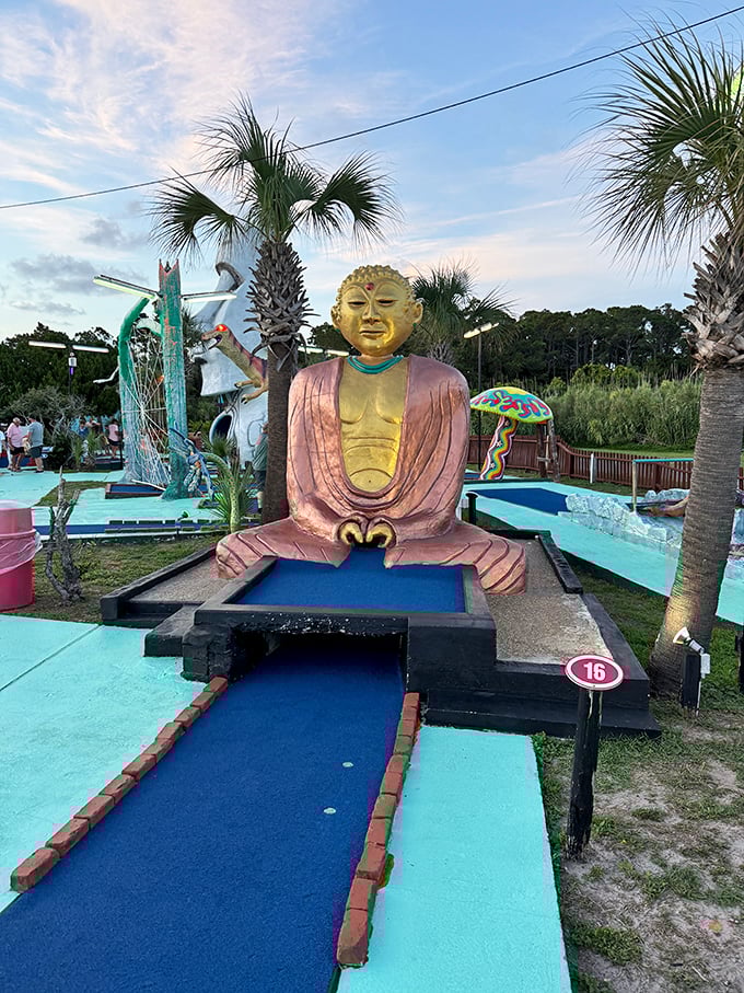 Zen and the art of mini-golf maintenance: this serene Buddha offers spiritual guidance for those struggling with their short game.