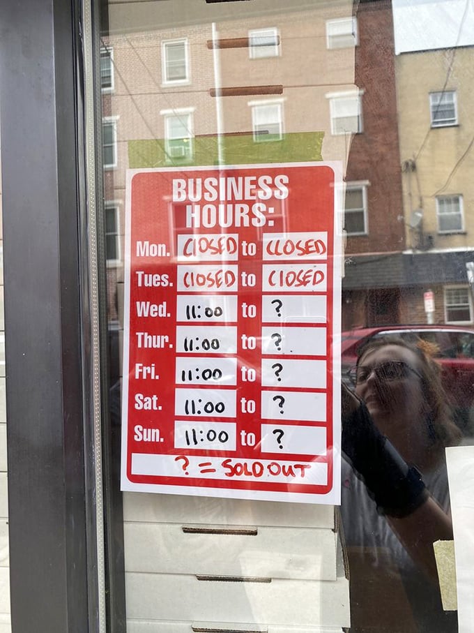 The most honest business hours sign in America. When they're out of food, they're out – the restaurant equivalent of "mic drop."